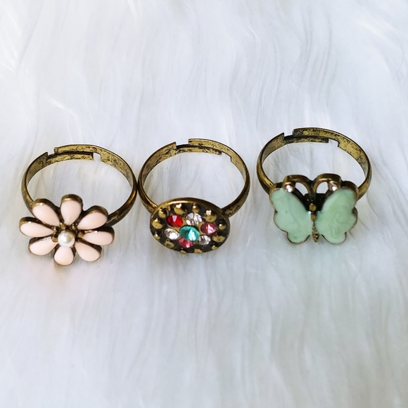 J. Crew | Jewelry | J Crew Set Of 3 Adjustable Rings Flower Butterfly ...